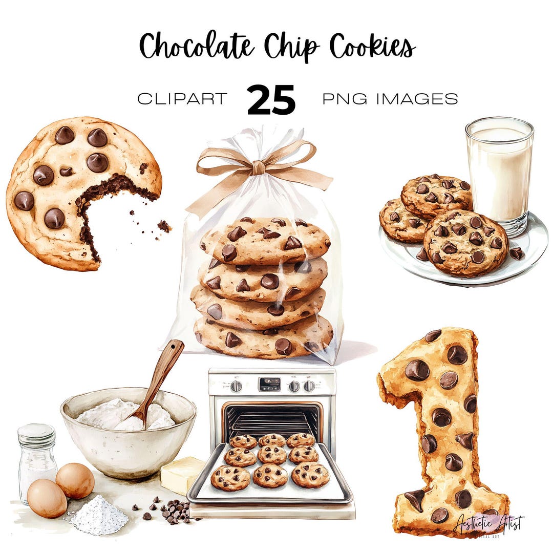 Watercolour Chocolate Chip Cookies Clipart Bundle, Baking, Dessert ...
