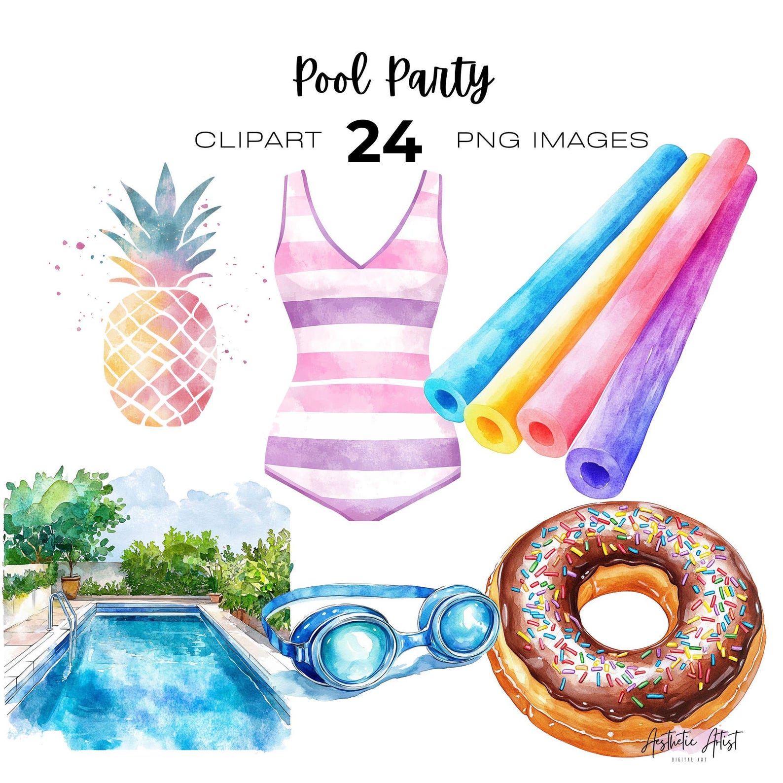 Watercolour Pool Party Clipart Bundle, Swimming, Summer Fun Clipart ...