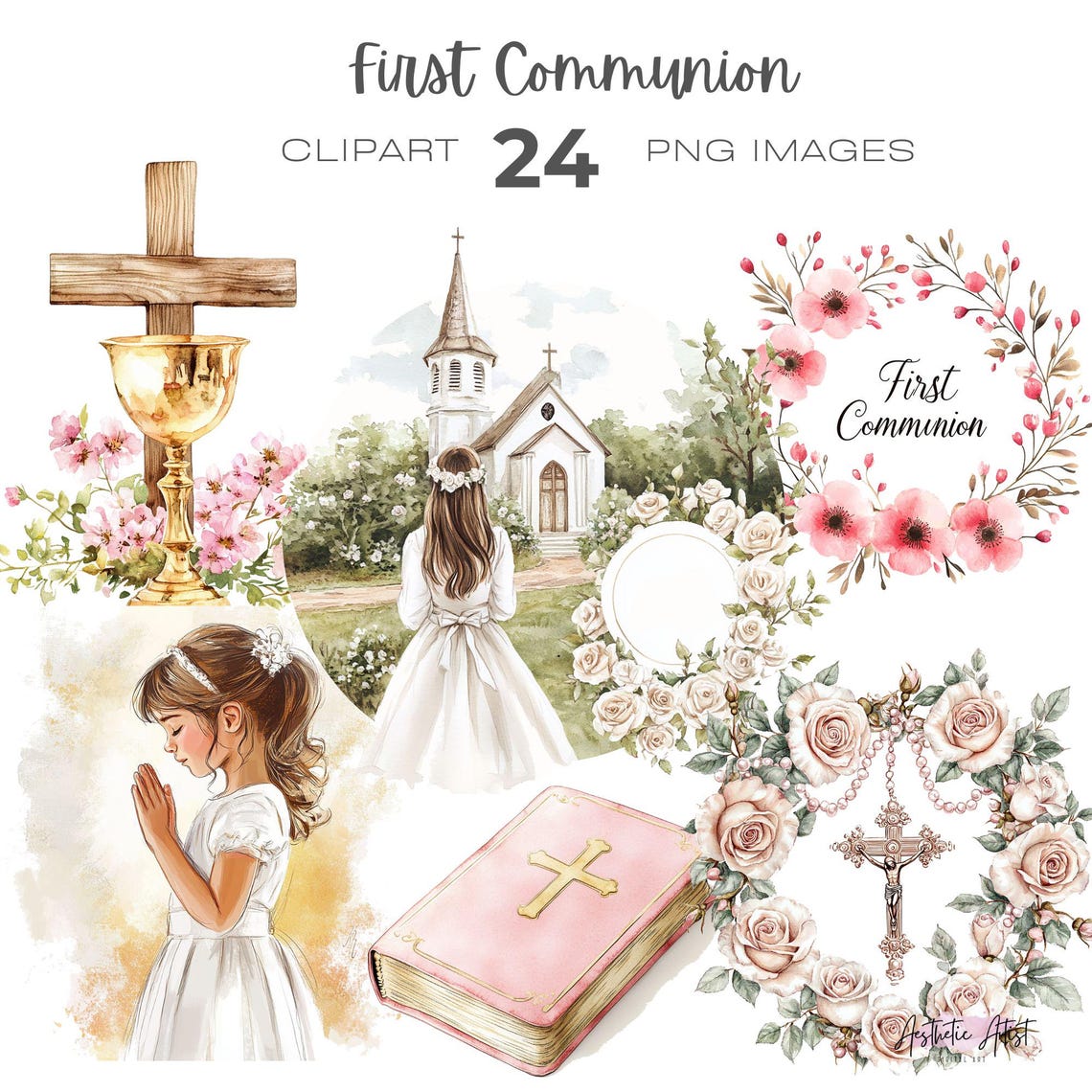 Watercolour Girl First Communion Clipart, Religious, Pink Floral Png ...