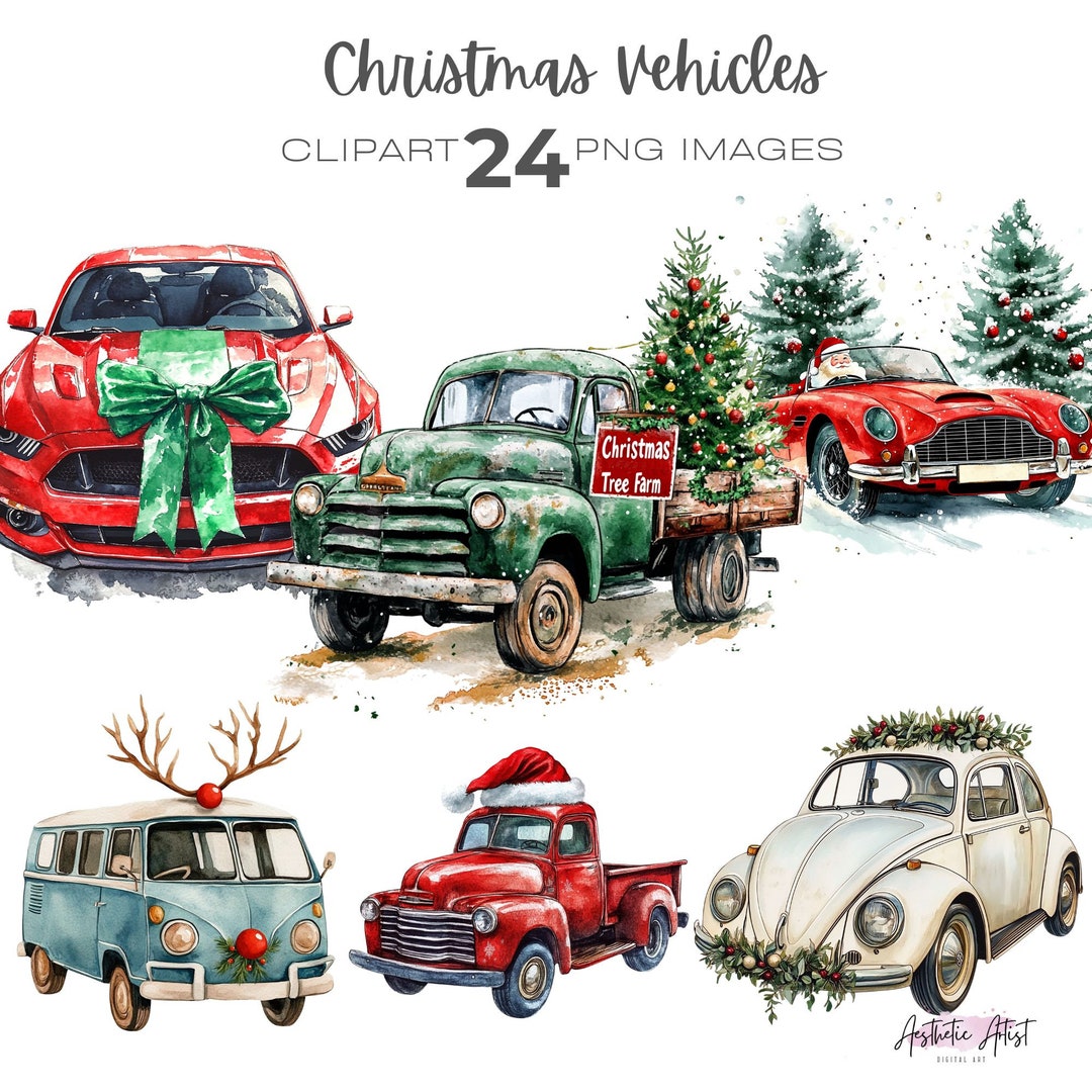 Christmas Vehicles Clipart, Xmas Png, Red Truck Clip Art, Vintage ...