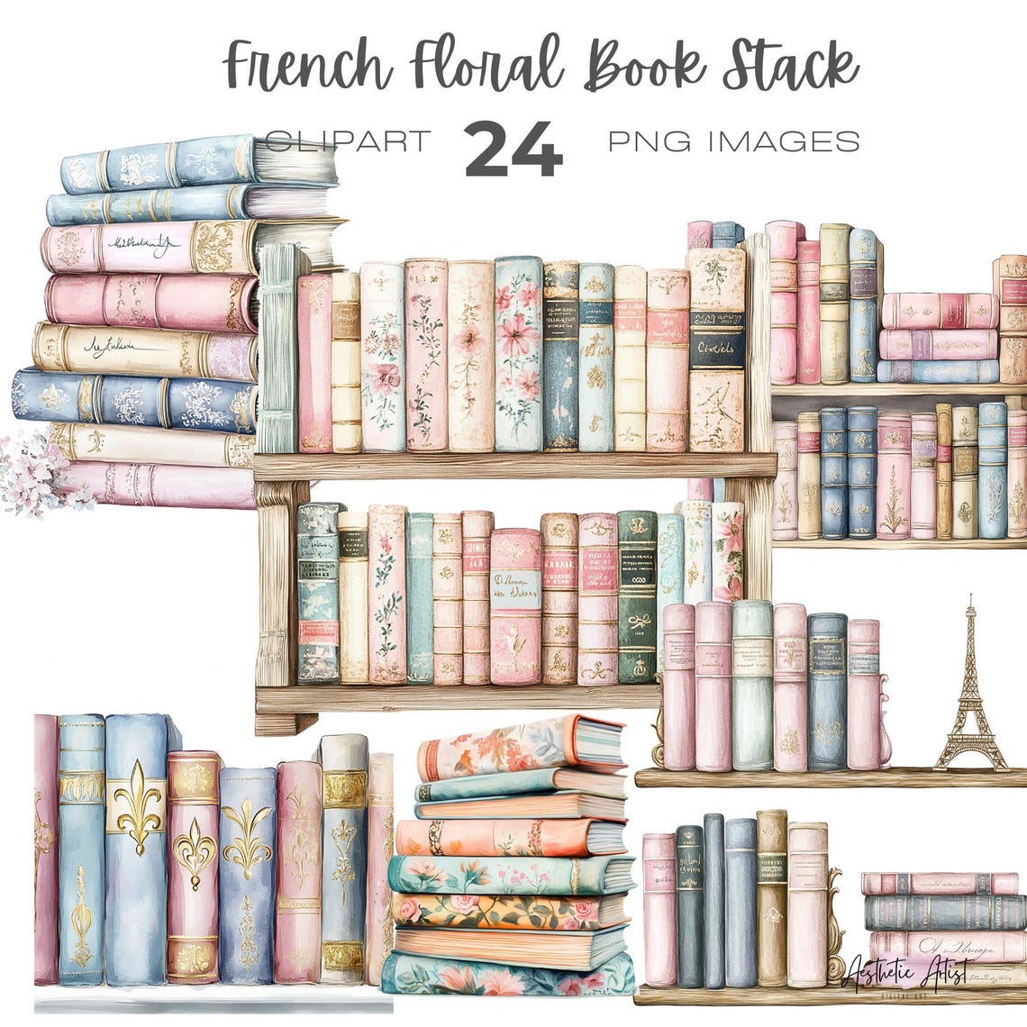 Watercolour French Floral Stack of Books Clipart Bundle, Library, Book ...