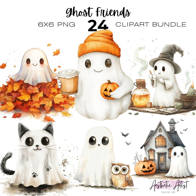 Watercolour Ghost Friends Clipart, Cute Ghost, Halloween, Boo!, Kawaii ...