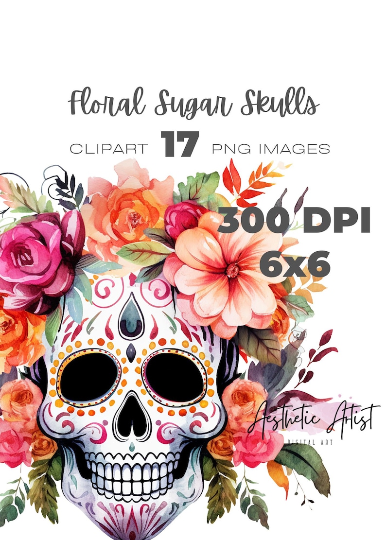 Floral Sugar Skull Clipart, Day of the Dead Png, Dia De Los Muertos ...