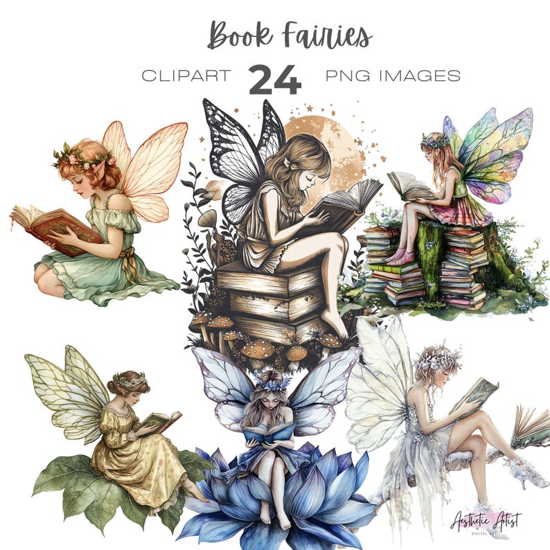 Watercolour Book Fairies Clipart Bundle, Library, Book Stack Floral ...