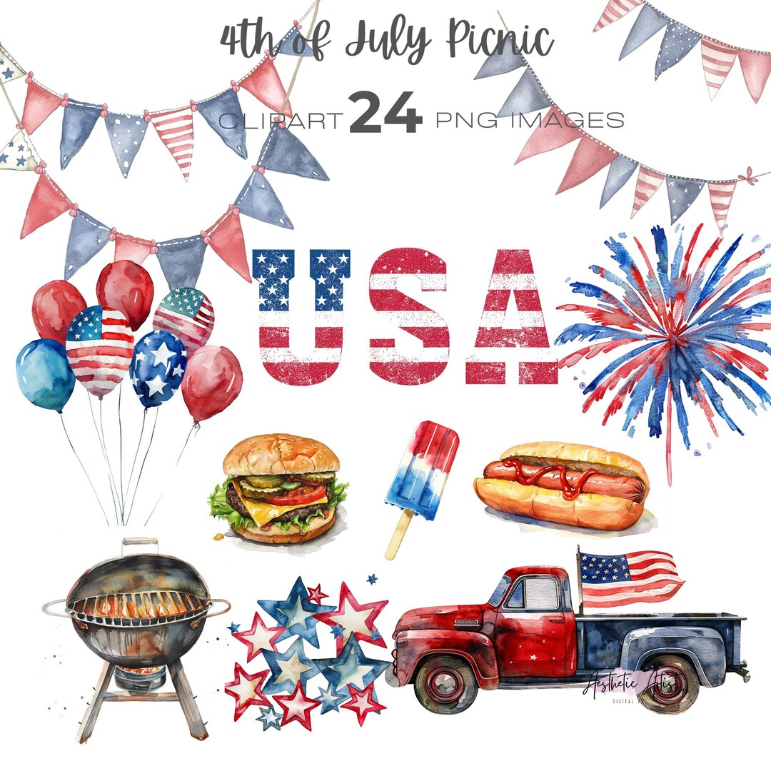4th of July Picnic Clipart, Summer Png, Patriotic Clip Art, BBQ Bunting ...