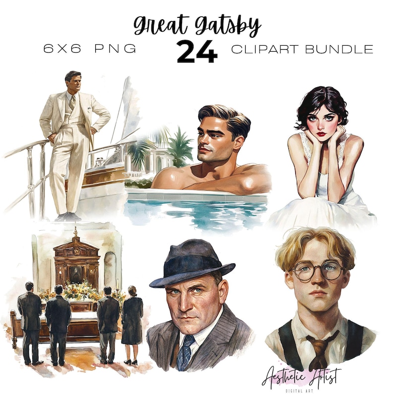 Watercolor the Great Gatsby Clipart, 1920s Classic Story, Daisy, Jay ...