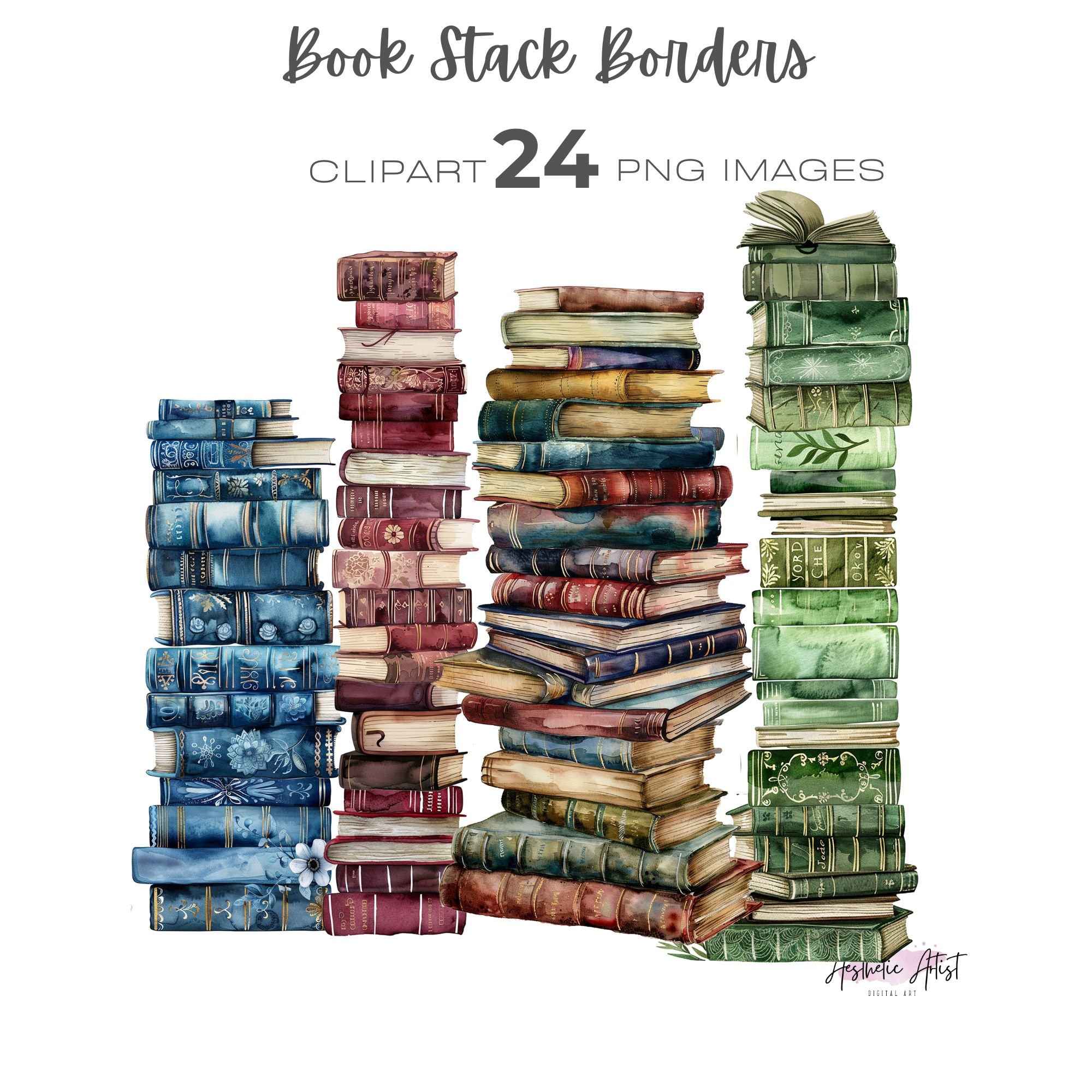 Watercolour Stack of Books Clipart Bundle, Library, Book Stack Border ...