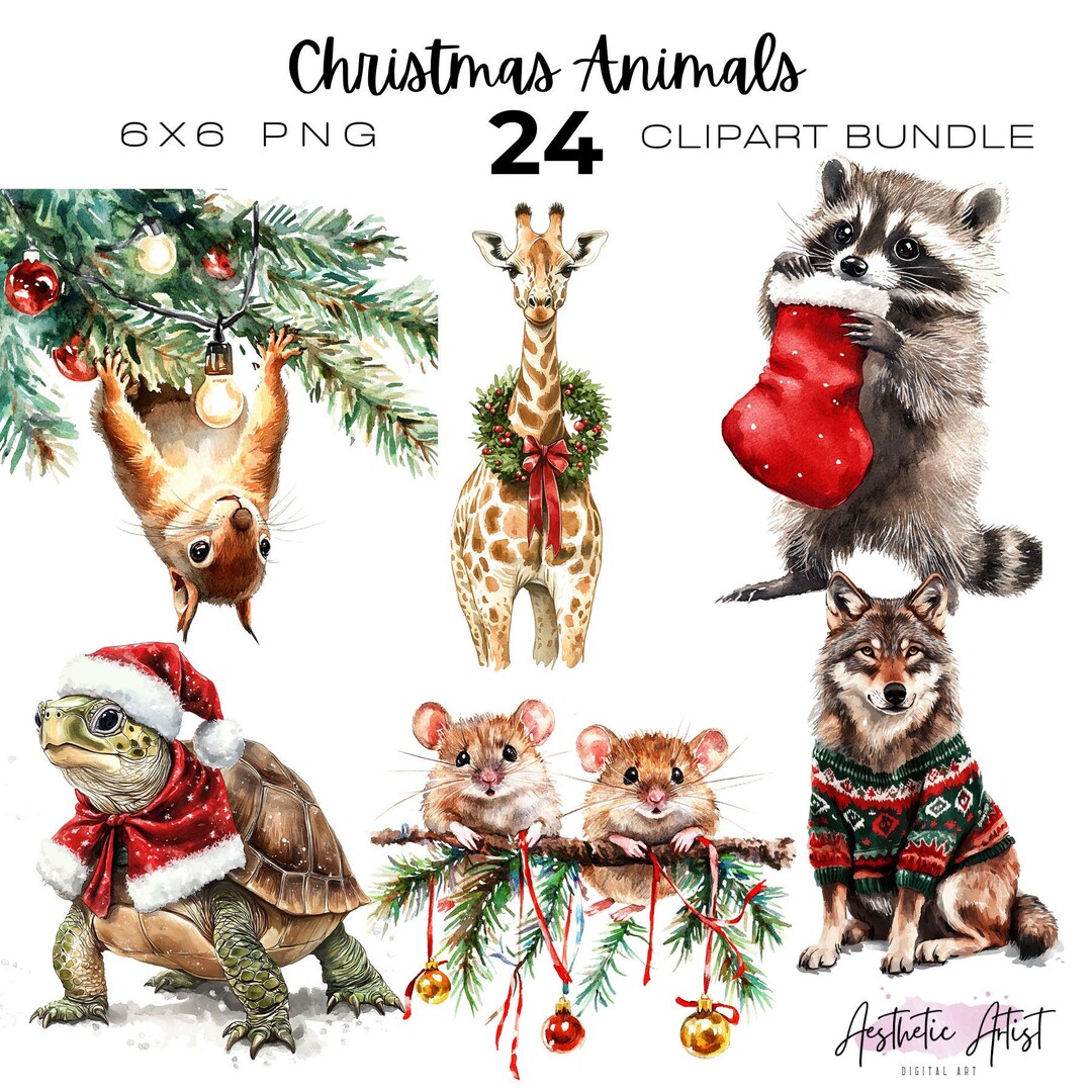 Watercolour Christmas Animals Clipart Bundle, Winter, Christmas Clipart ...