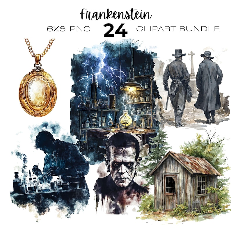 Watercolour Frankenstein Clipart, Mary Shelley, Gothic Book, Literary ...