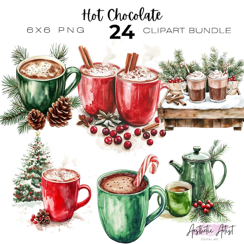 Watercolour Hot Chocolate Clipart Bundle, Christmas Mugs, Winter ...
