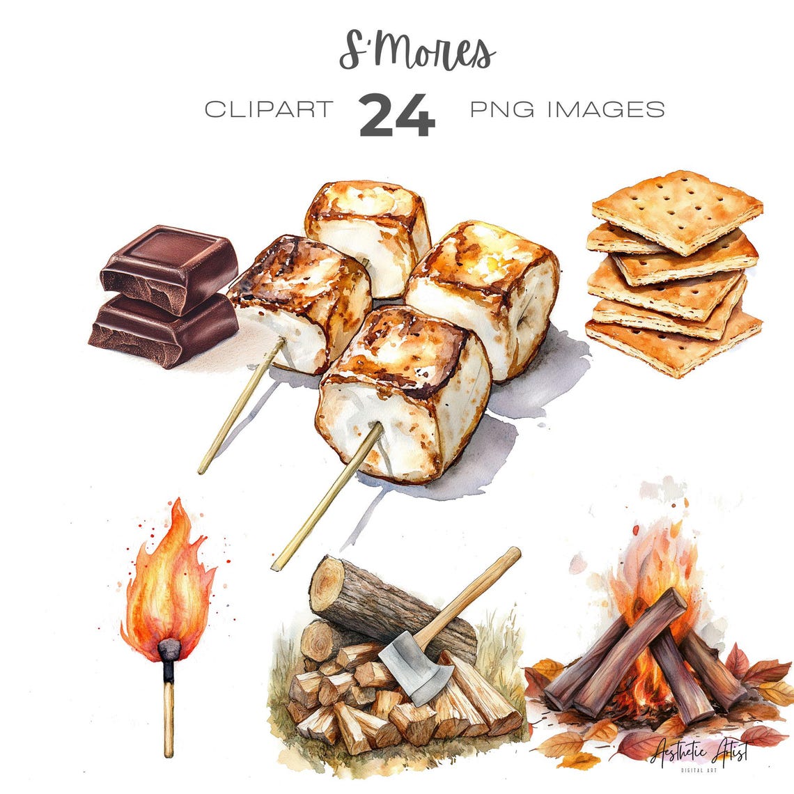 Watercolour S'mores Clipart Bundle, Glamping, Bonfire Clipart, Summer ...