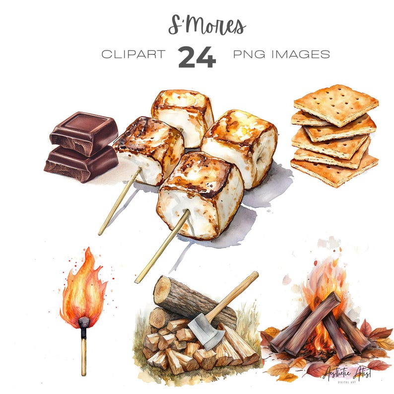 Watercolour S'mores Clipart Bundle, Glamping, Bonfire Clipart, Summer ...