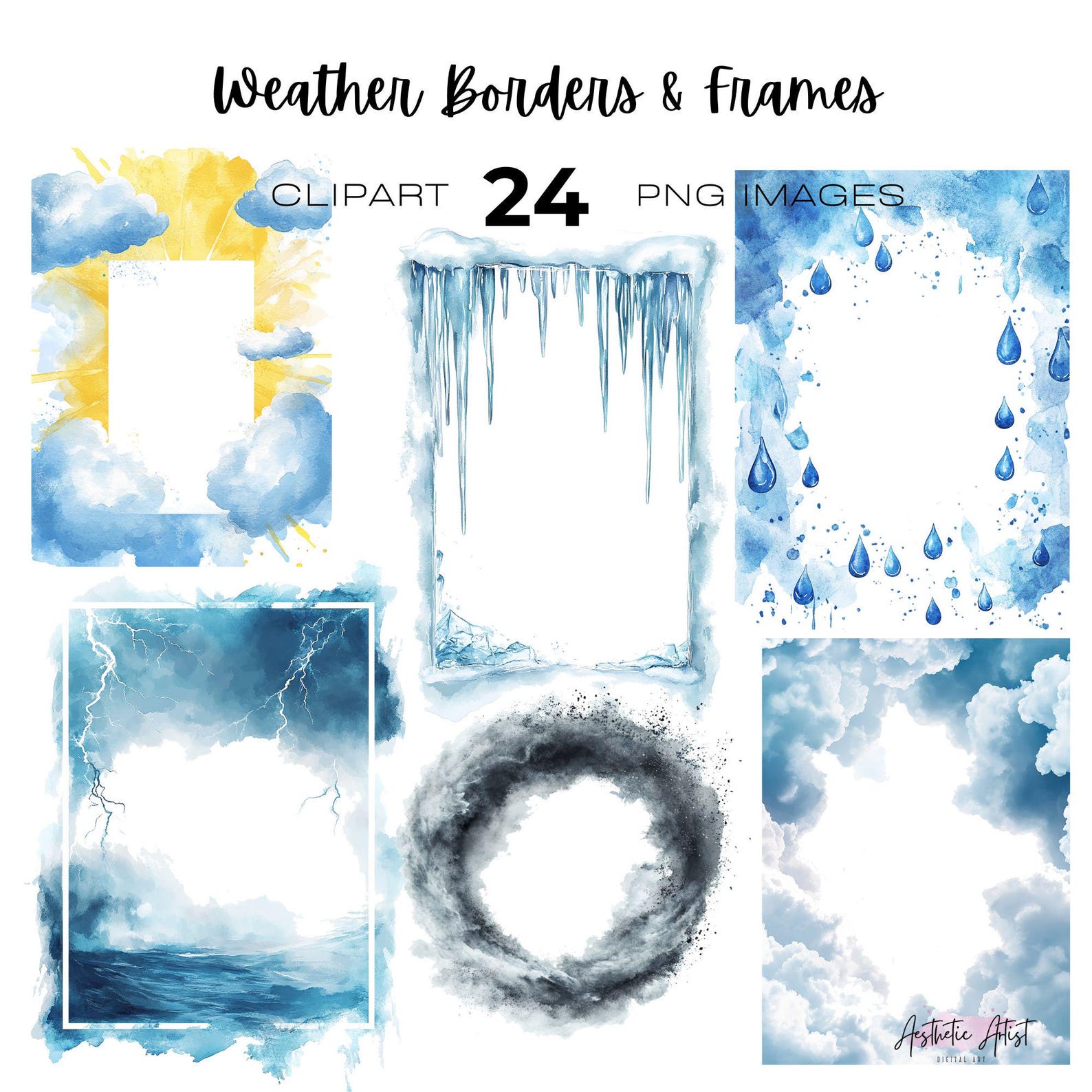 Watercolour Weather Frames and Borders Clipart Bundle, Thunderstorm ...