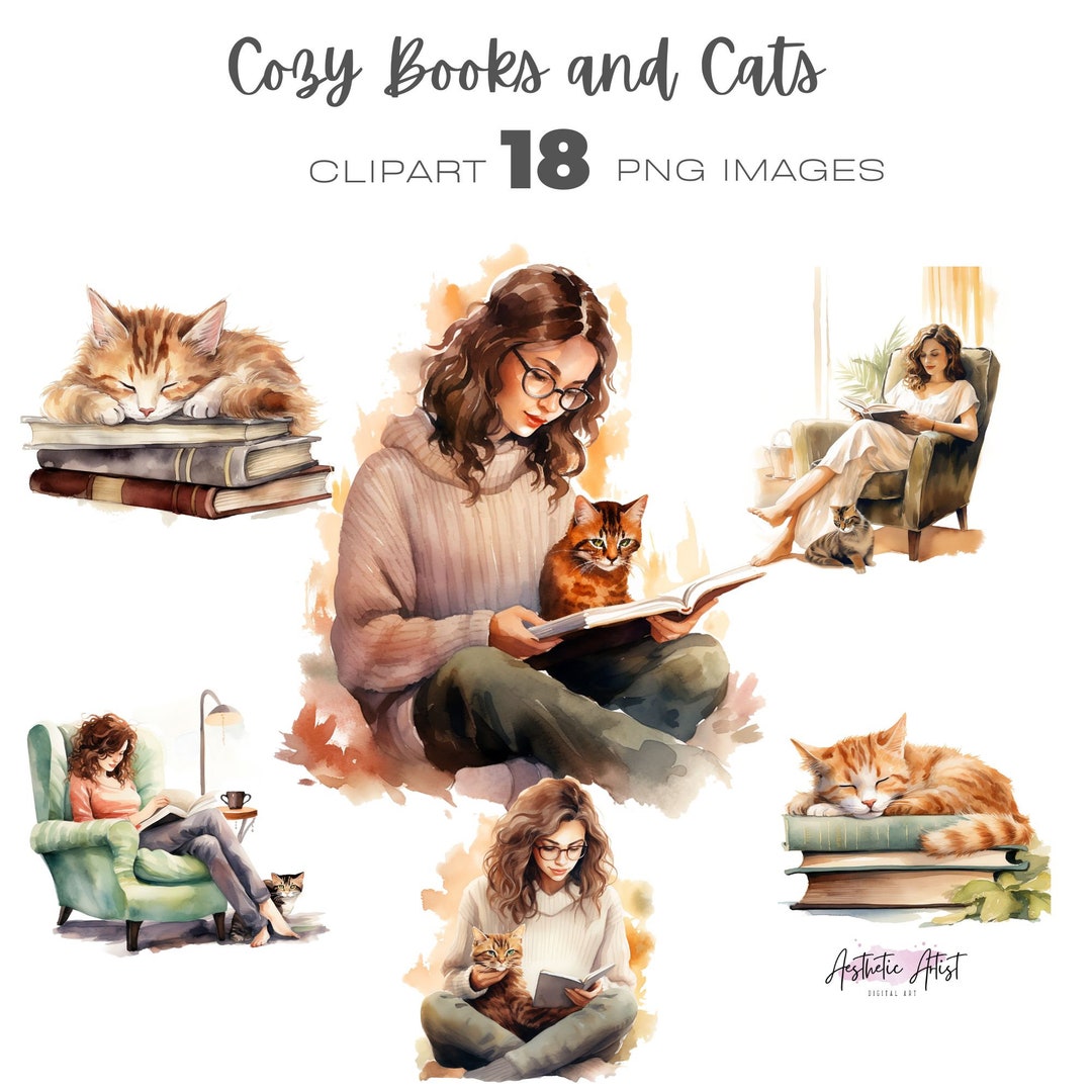 Watercolour Cozy Cats With Books Clipart, Graphics for Cat Lovers Gift ...