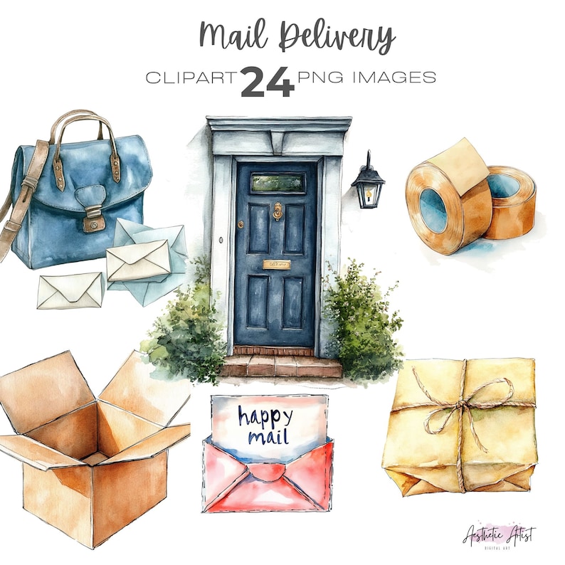 Watercolour Mail Delivery Clipart Bundle, Happy Mail, Package Parcel ...