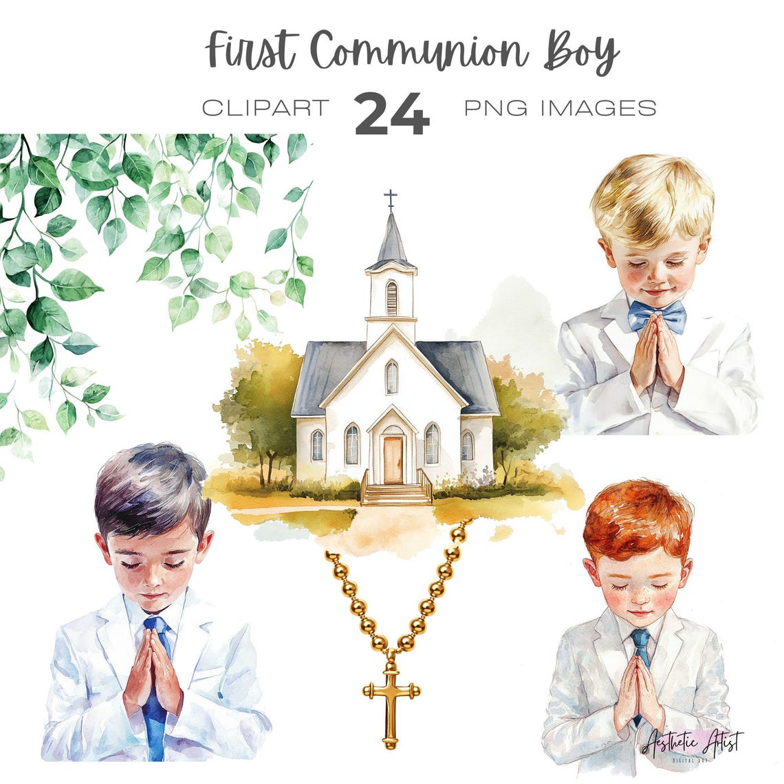 Watercolour Boy First Communion Clipart, Religious, Green Blue First ...