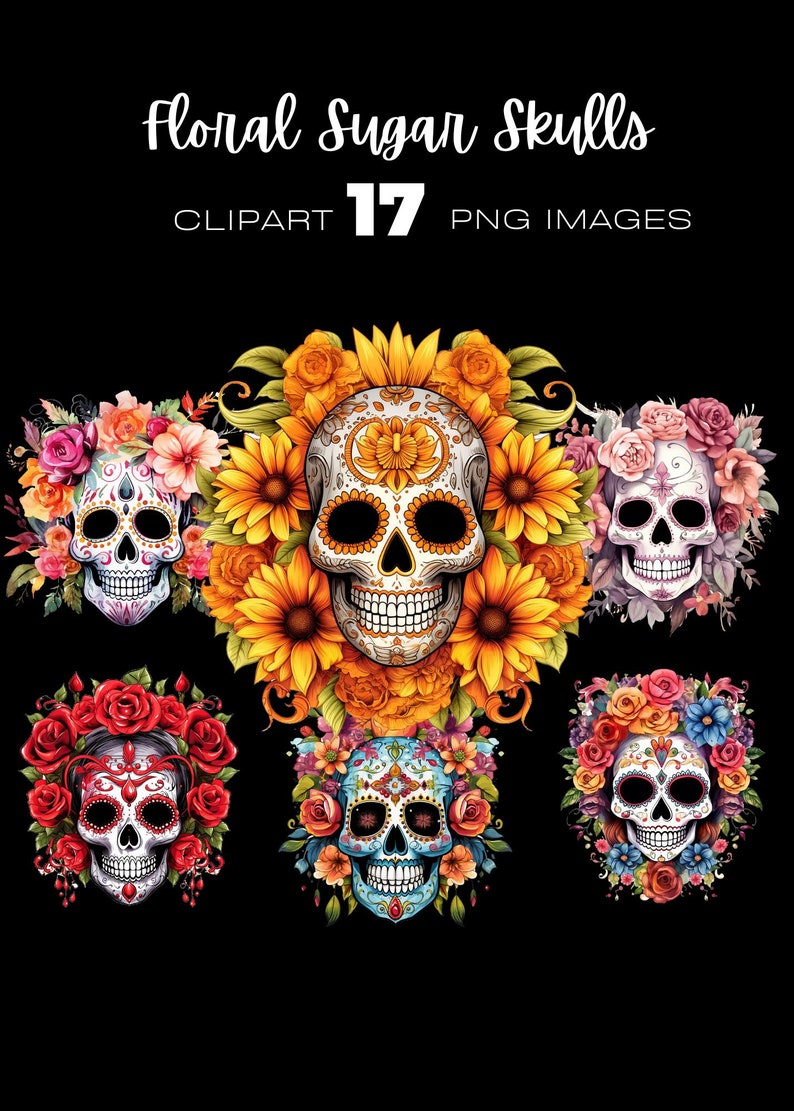 Floral Sugar Skull Clipart, Day of the Dead Png, Dia De Los Muertos ...