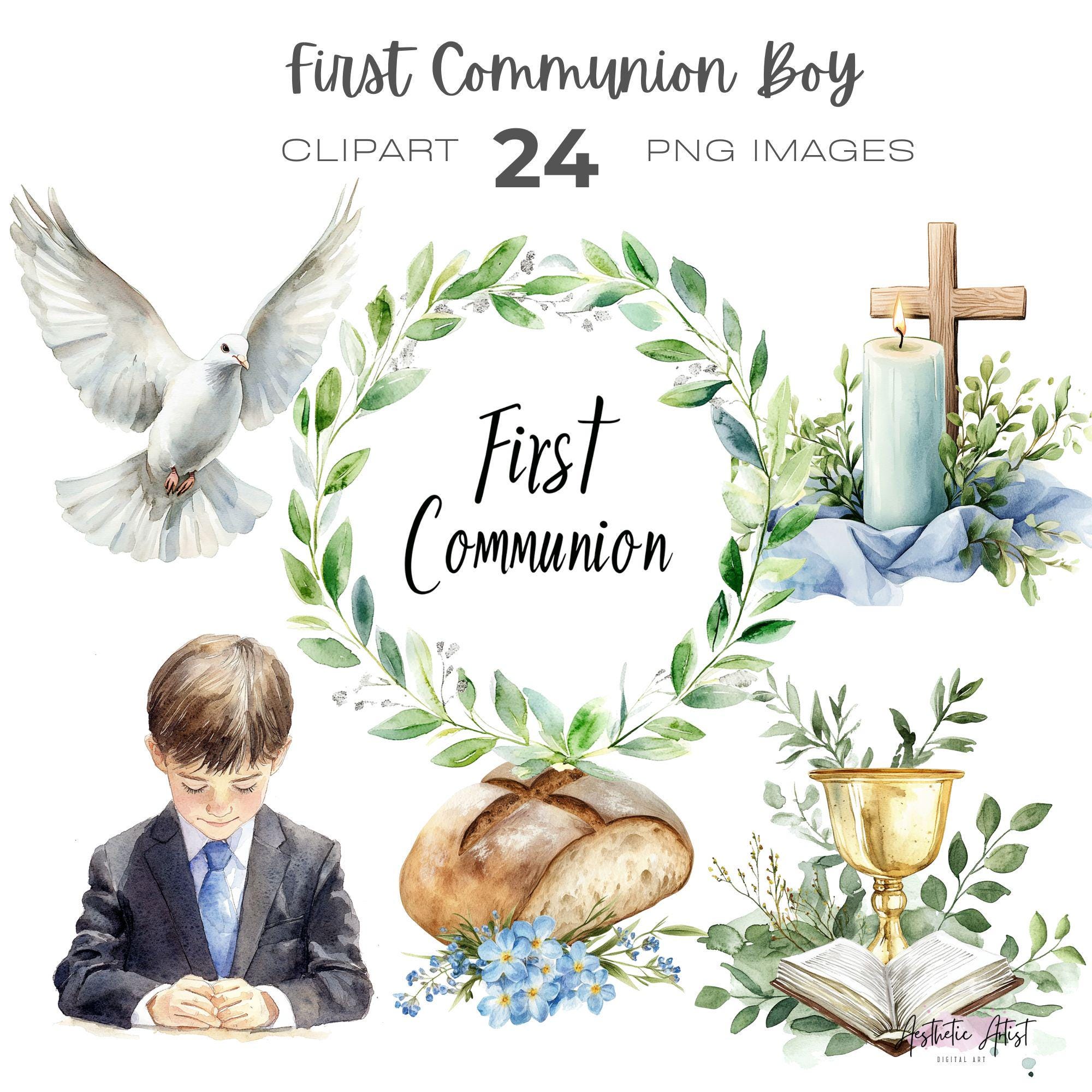 Watercolour Boy First Communion Clipart, Religious, Green Blue First ...