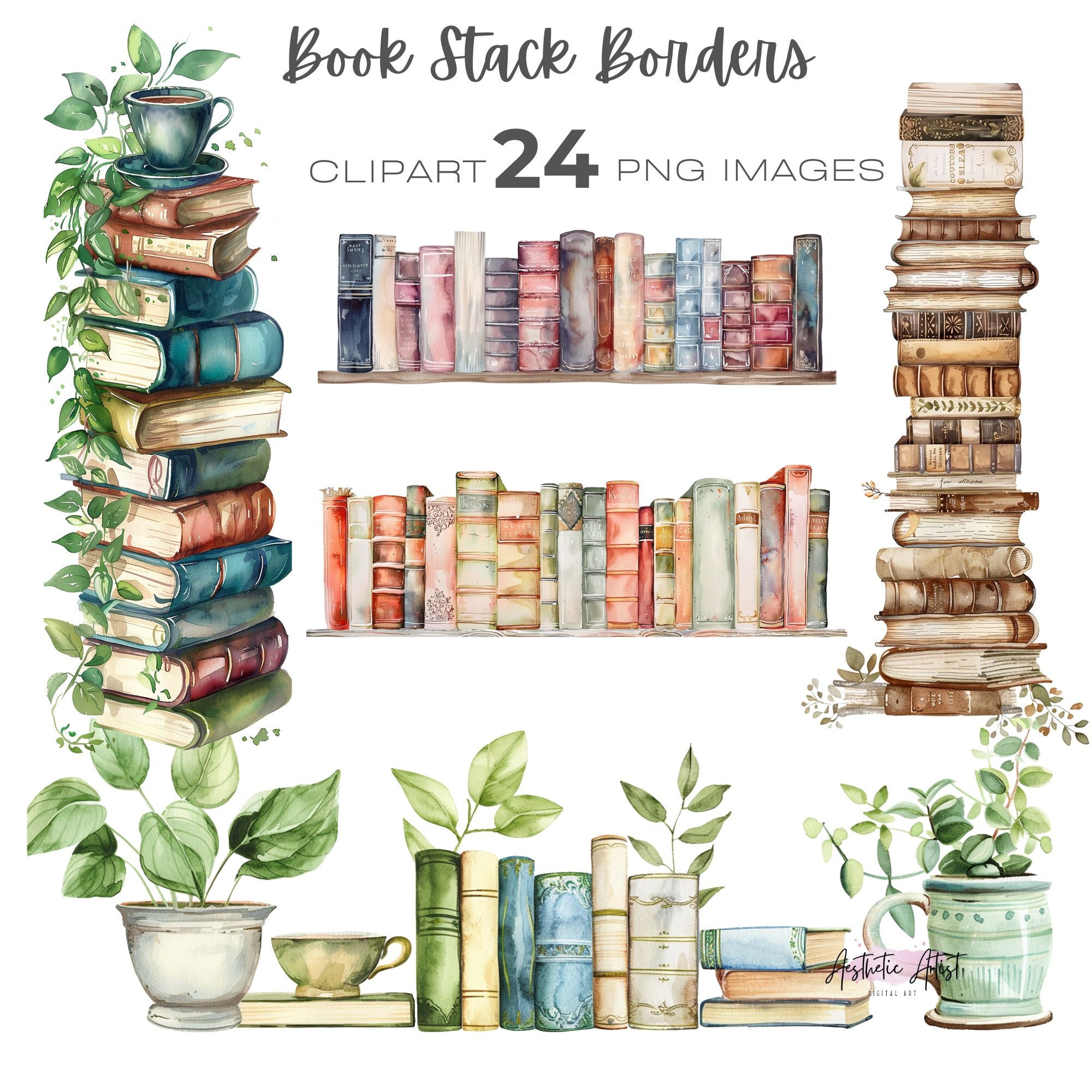 Watercolour Stack of Books Clipart Bundle, Library, Book Stack Border ...