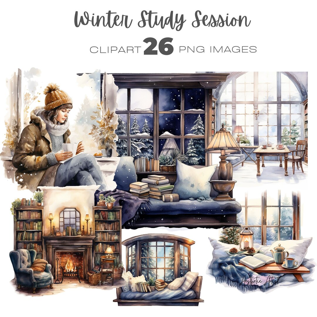 Watercolour Cozy Winter Study Session Clipart, Library, Cozy Study ...