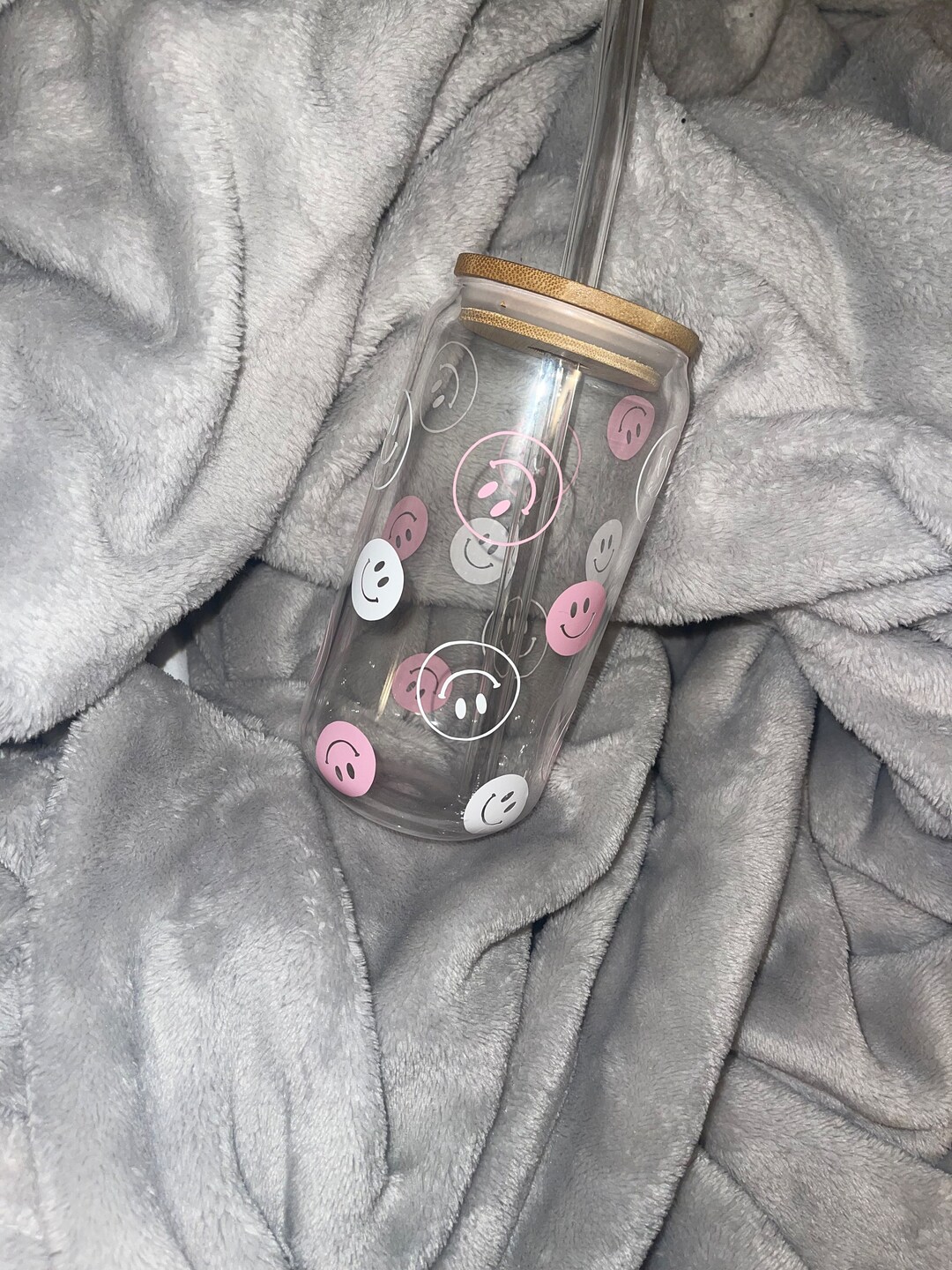 Glass Cup With Bamboo Lid - Pastel Smiley Face Design - Etsy