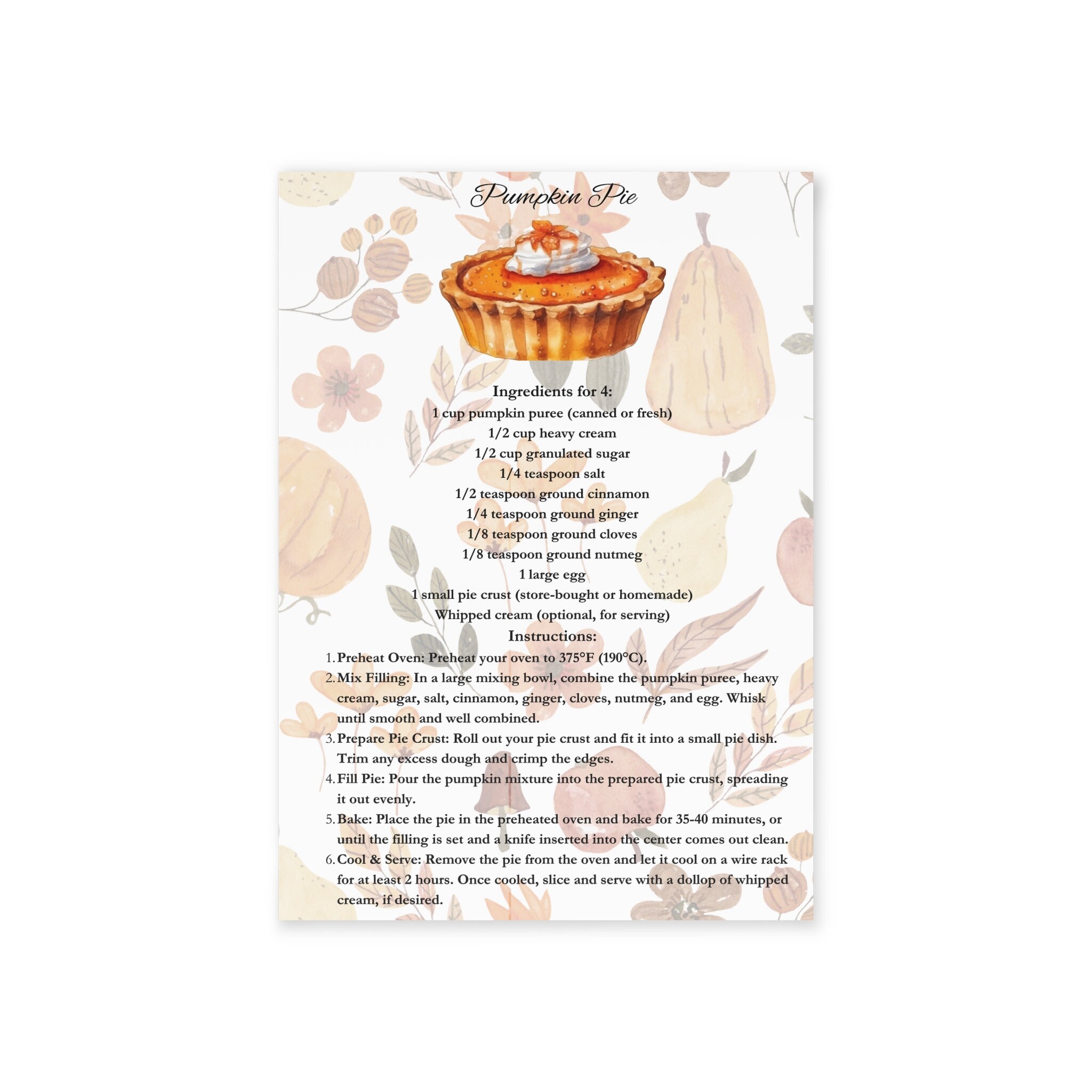 Thanksgiving Pumpkin Pie Recipe Card Cozy Holiday Greeting and Kitchen ...