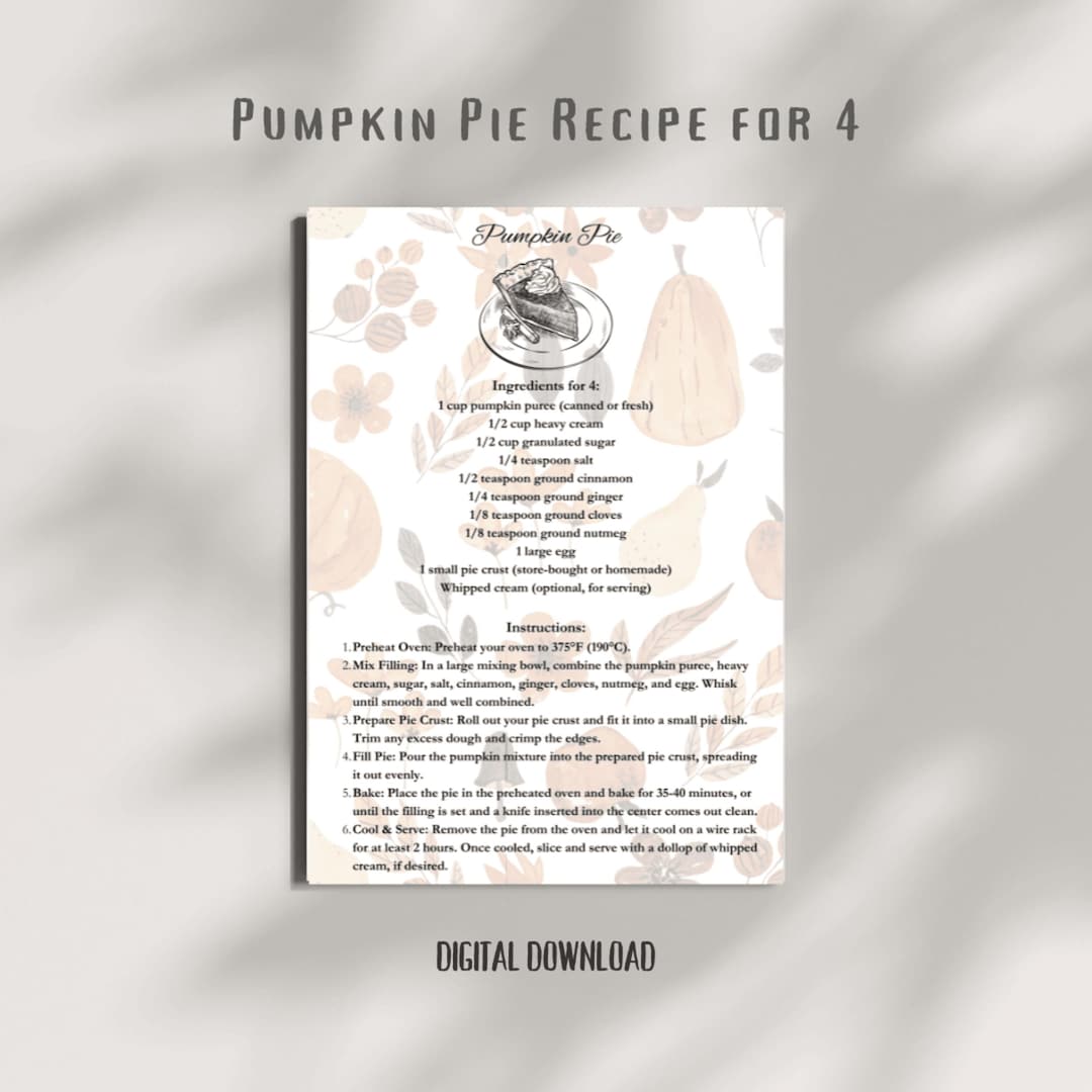 Pumpkin Pie Recipe Card, Printable, Easy Fall Baking Recipe Digital ...