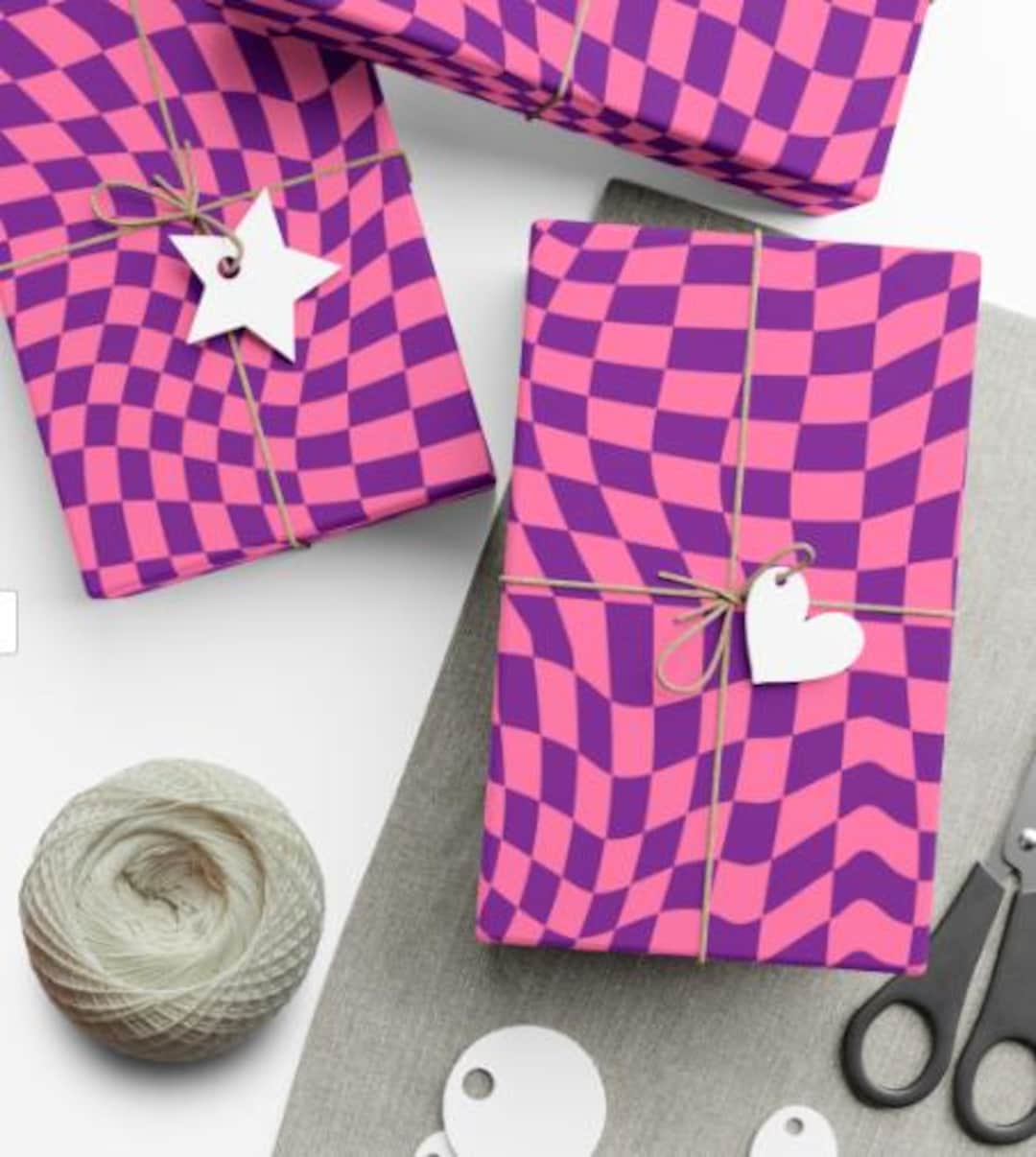 Checkered Wrapping Paper, Chic Pink Purple, Funky 70s Vibe, Girly Gift ...