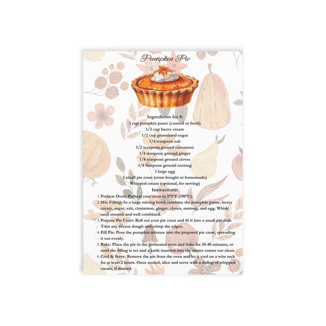 Thanksgiving Pumpkin Pie Recipe Card Cozy Holiday Greeting and Kitchen ...