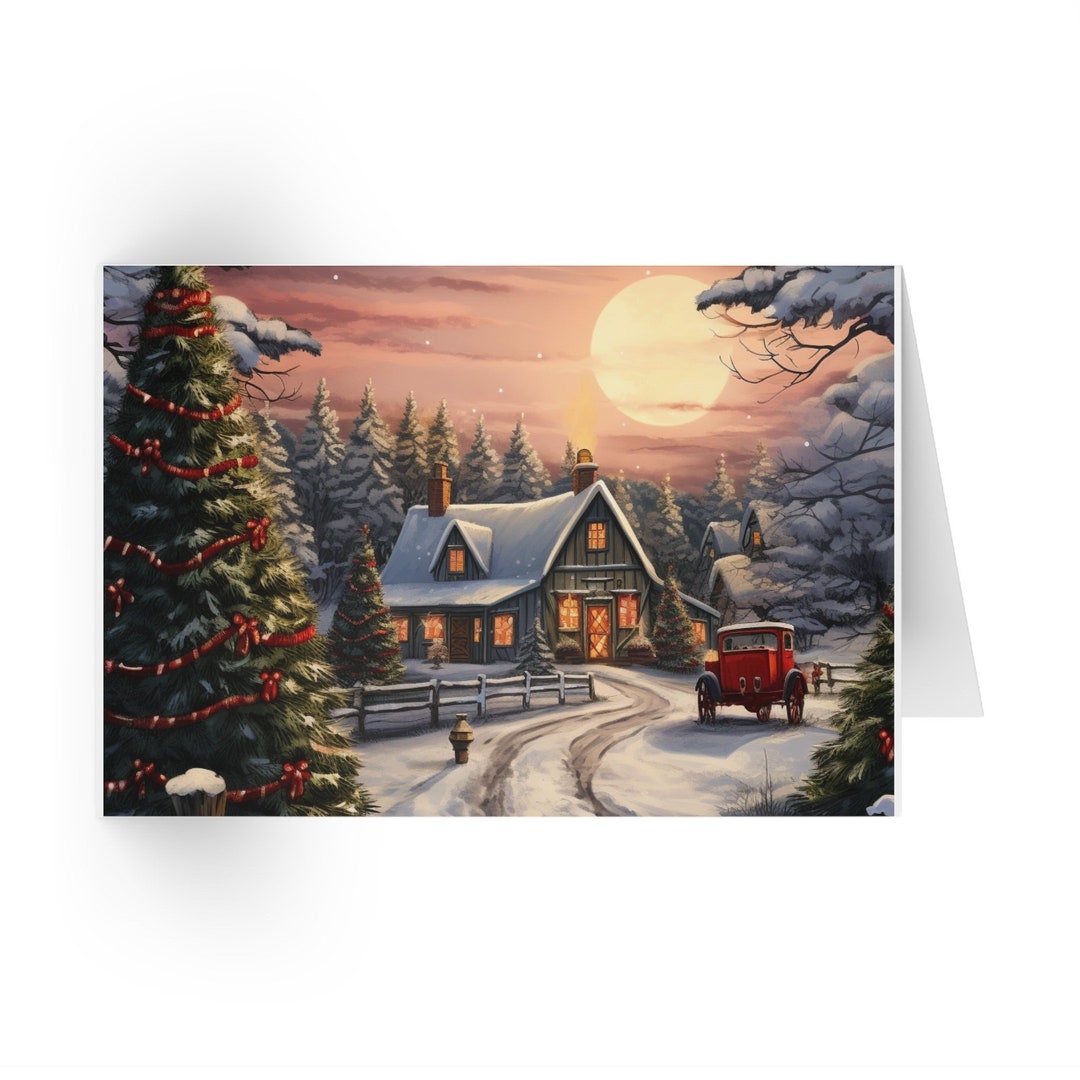 Cozy Christmas Tree Farm Postcard Winter Sunset Scene Warm Home & Red ...