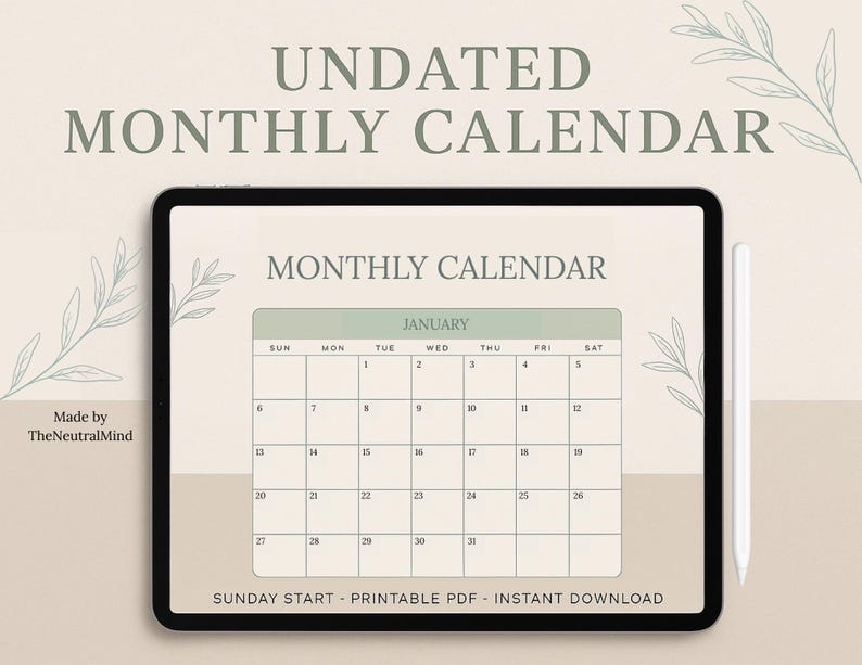 Undated Monthly Calendar Printable | Minimal Sunday-start Planner ...