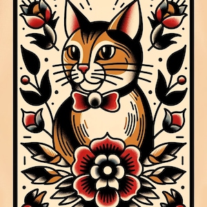 Calico Cat Traditional Tattoo Print - Etsy