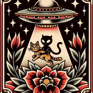 Cat Alien Abduction Traditional Tattoo Print - Etsy
