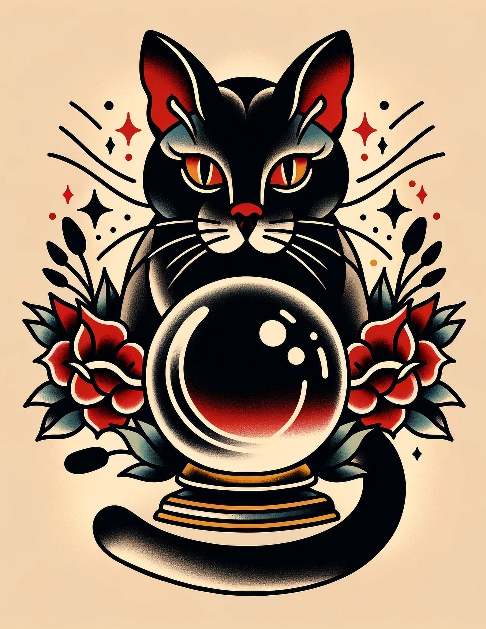 Black Cat With Crystal Ball Traditional Tattoo Flash Print - Etsy