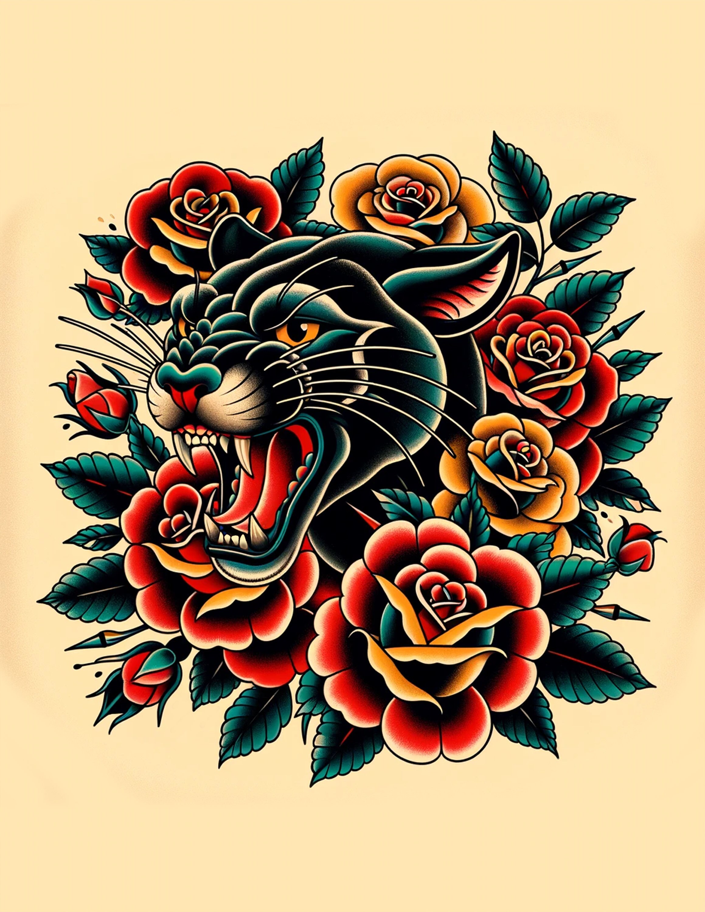 Panther With Roses Traditional Tattoo Art - Etsy