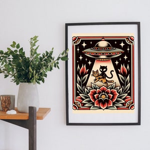 Cat Alien Abduction Traditional Tattoo Print - Etsy
