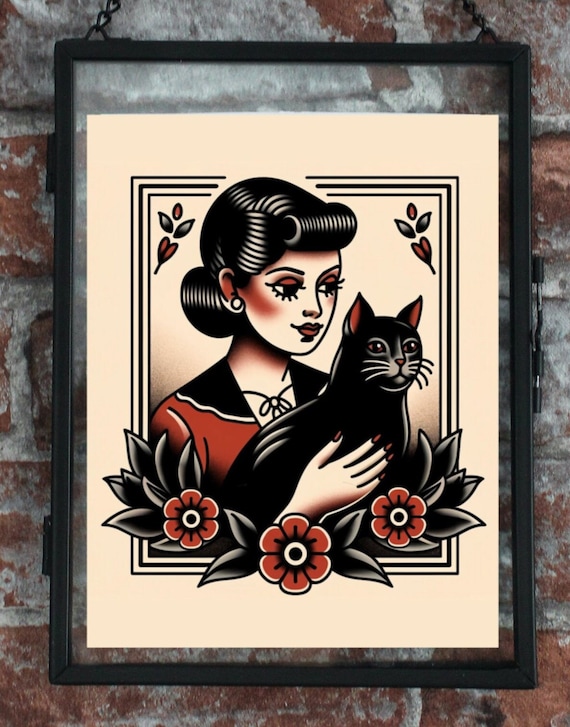 Traditional Girl Cat Tattoo