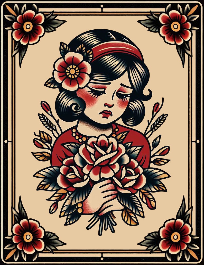Flower Girl Traditional Tattoo Art Print - Etsy