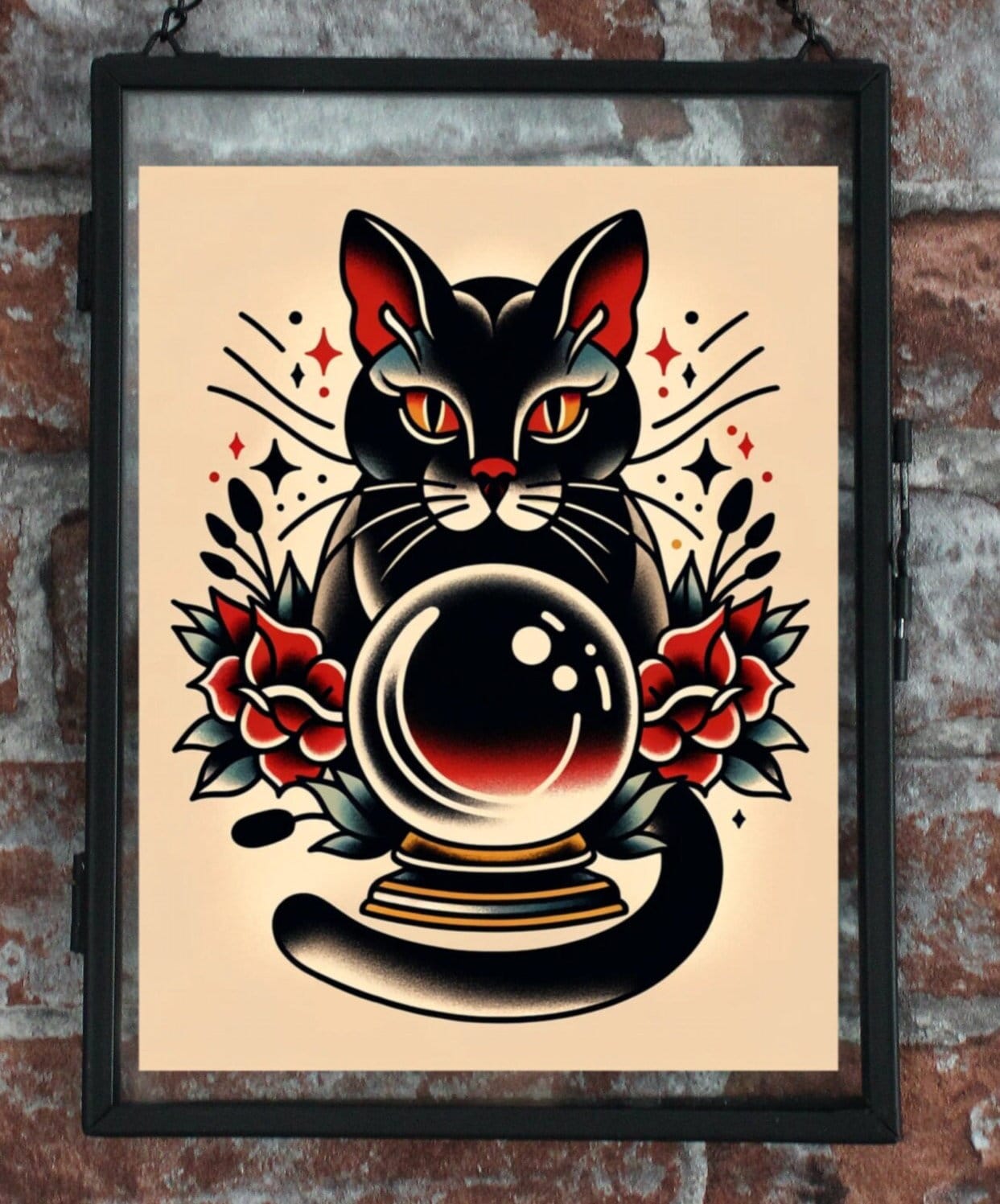 Black Cat With Crystal Ball Traditional Tattoo Flash Print - Etsy