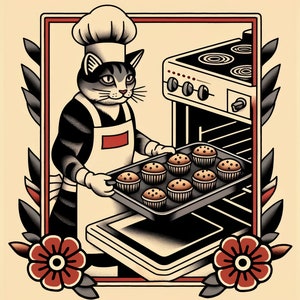 Cat Making Muffins Traditional Tattoo Print - Etsy