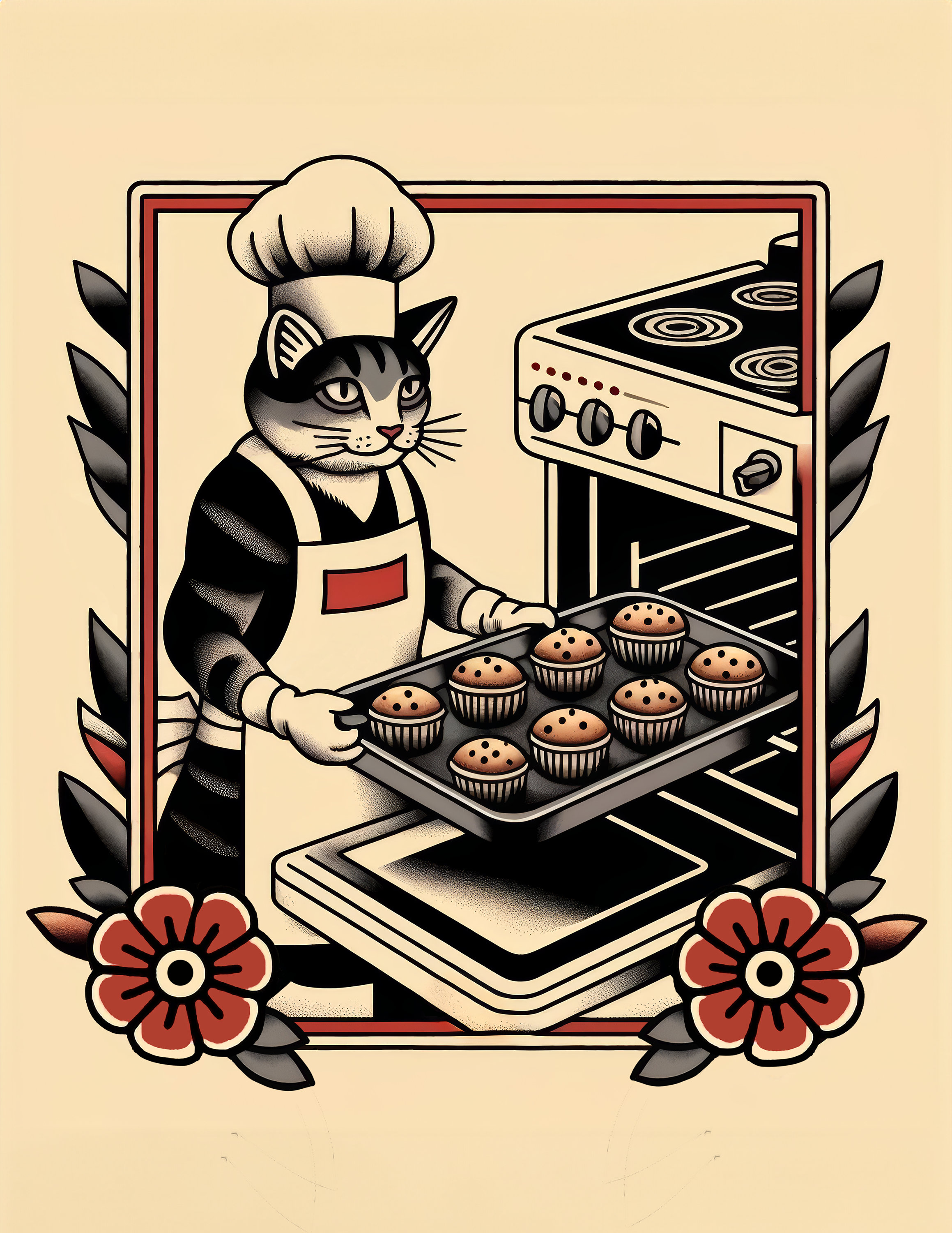 Cat Making Muffins Traditional Tattoo Print - Etsy