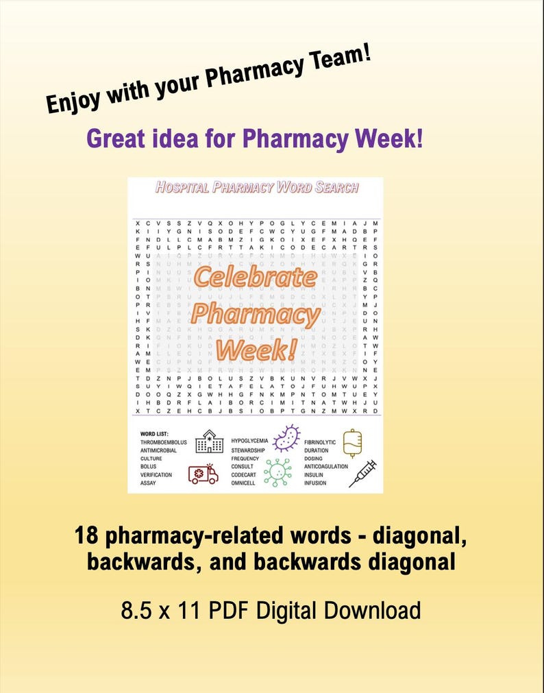 Hospital Pharmacy Week Word Search Printable Game - Etsy