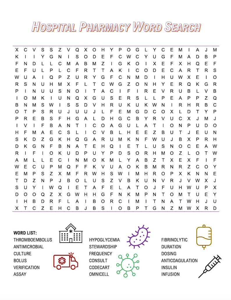 Hospital Pharmacy Week Word Search Printable Game - Etsy