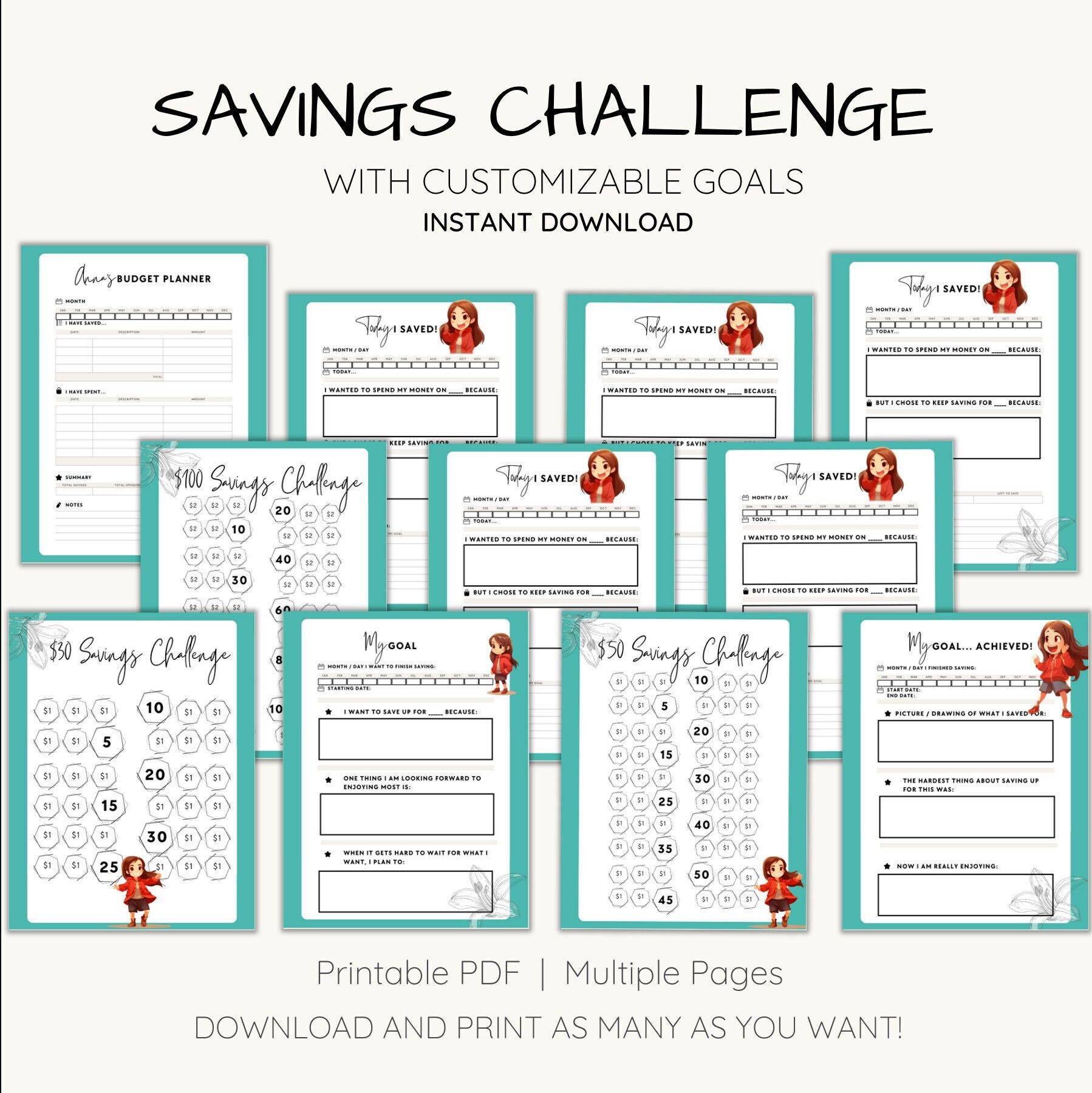 Custom Savings Challenge Printable, Executive Function Budget Plan ...