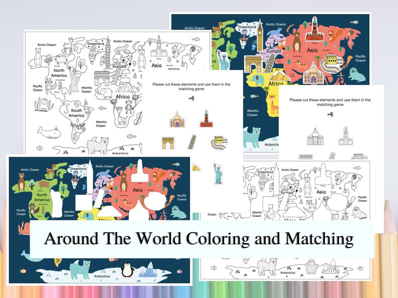 Around the World Coloring and Matching Worksheets, Digital Download ...