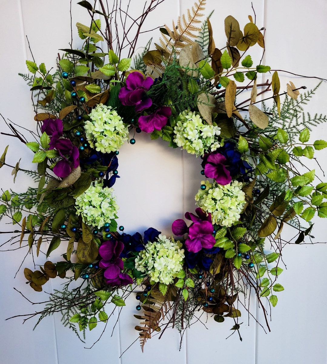 Hydrangeas Wreath, Twig Wreath for Front Door, Hydrangea Green Blue and ...