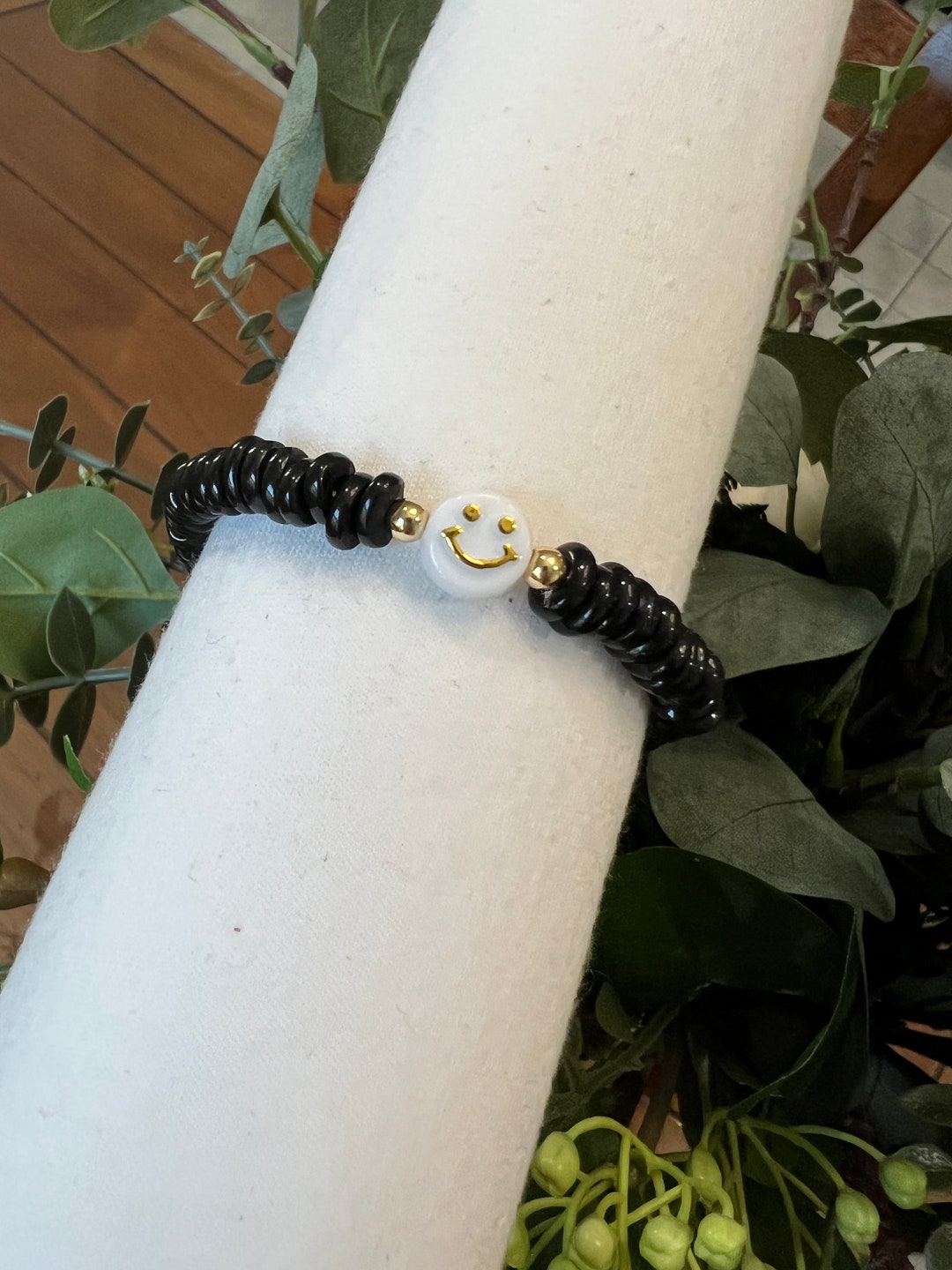 Black and Gold Smiley Face Melted Perler Bead Bracelet - Etsy