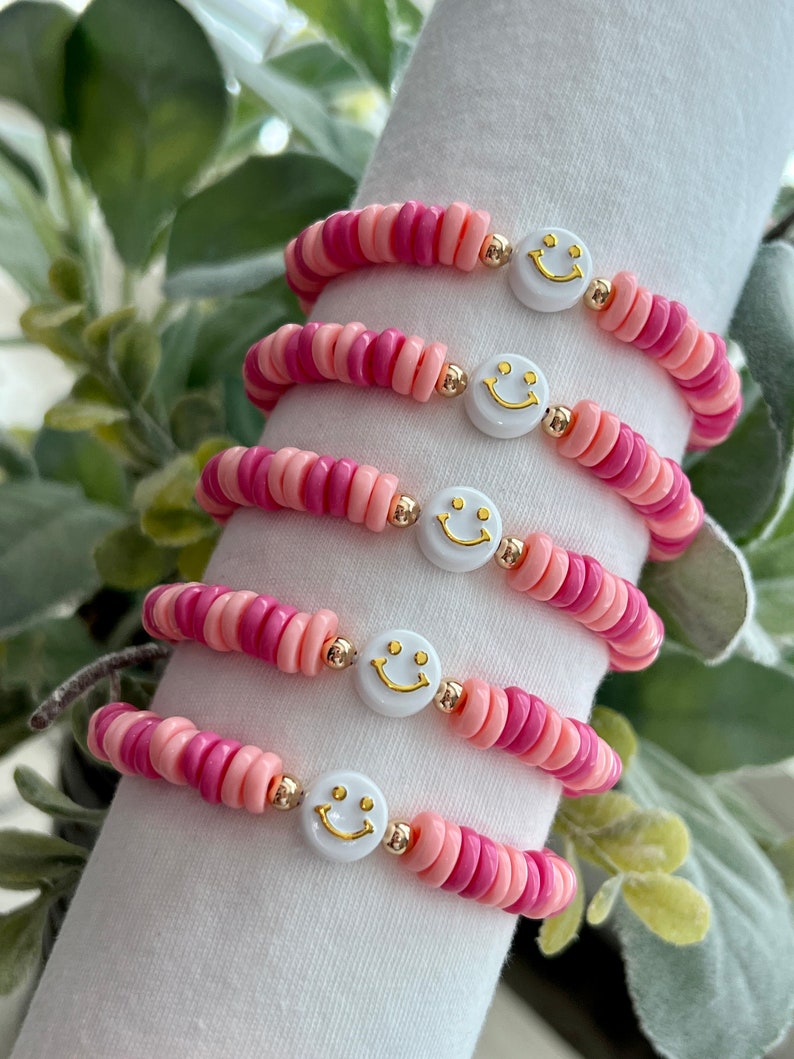 Smiley Face, Melted Perler Bead Bracelet, Pink Bracelet, Stacking ...