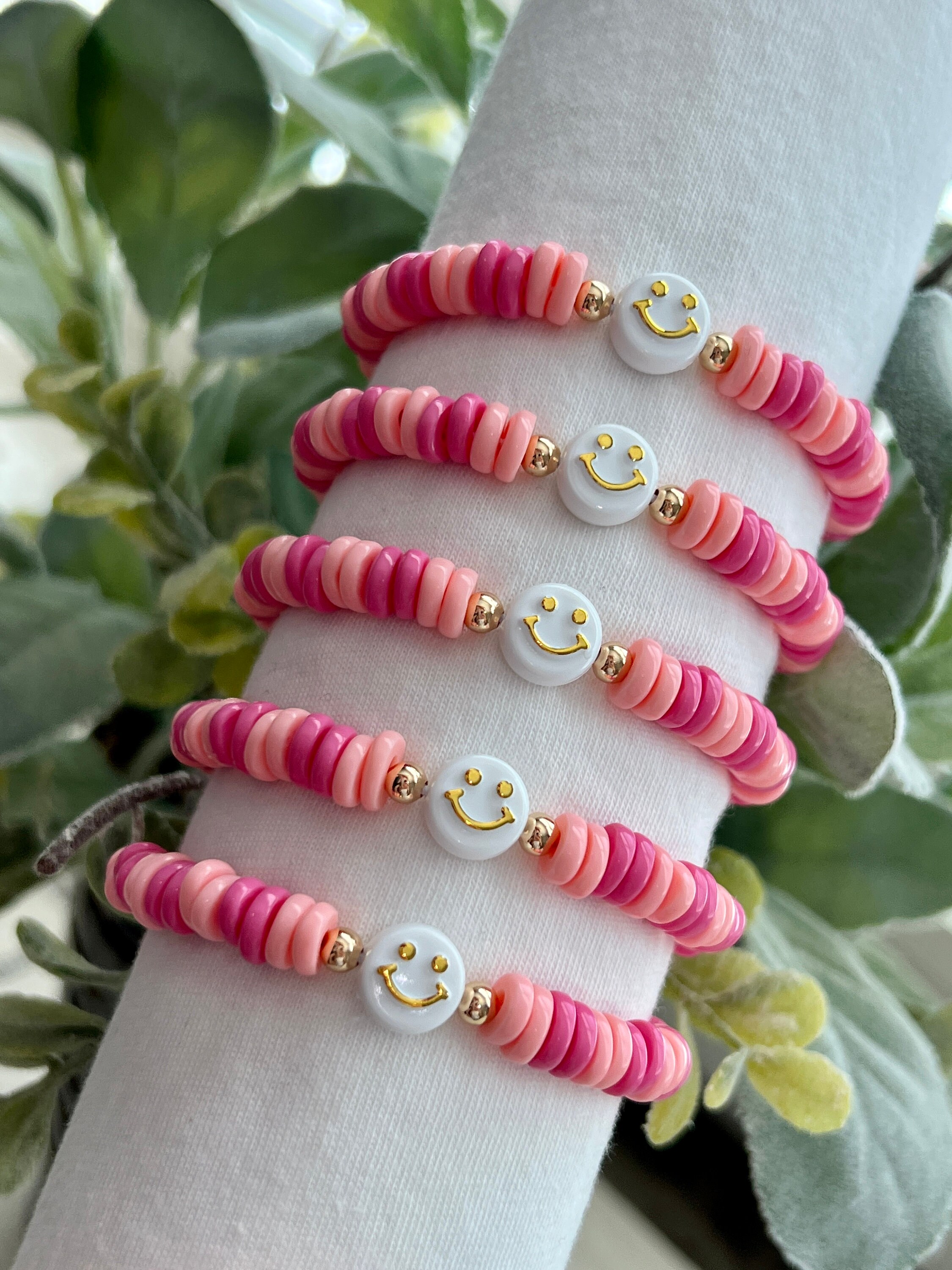 Smiley Face, Melted Perler Bead Bracelet, Pink Bracelet, Stacking ...