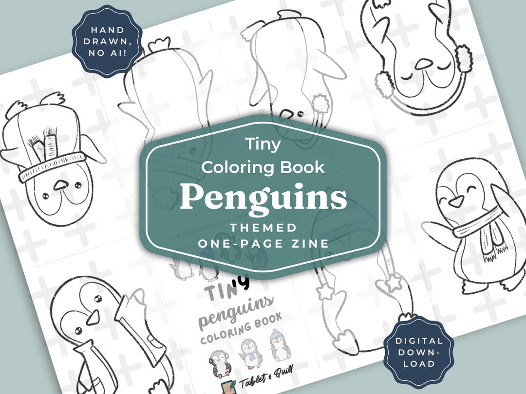Printable Tiny Penguins Coloring Book, DIY 1 Page Zine Craft, Cute ...